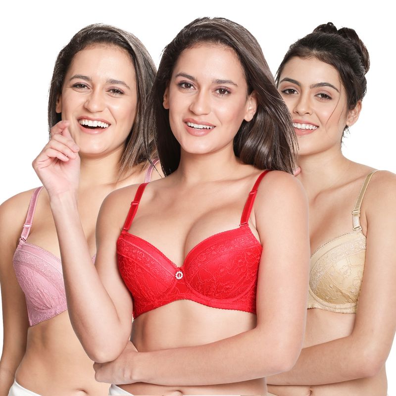 Buy Shyaway Susie Demi-Coverage wired Lace Bridal Balconette Padded Bra -Multicolor(Pack of 3 ...