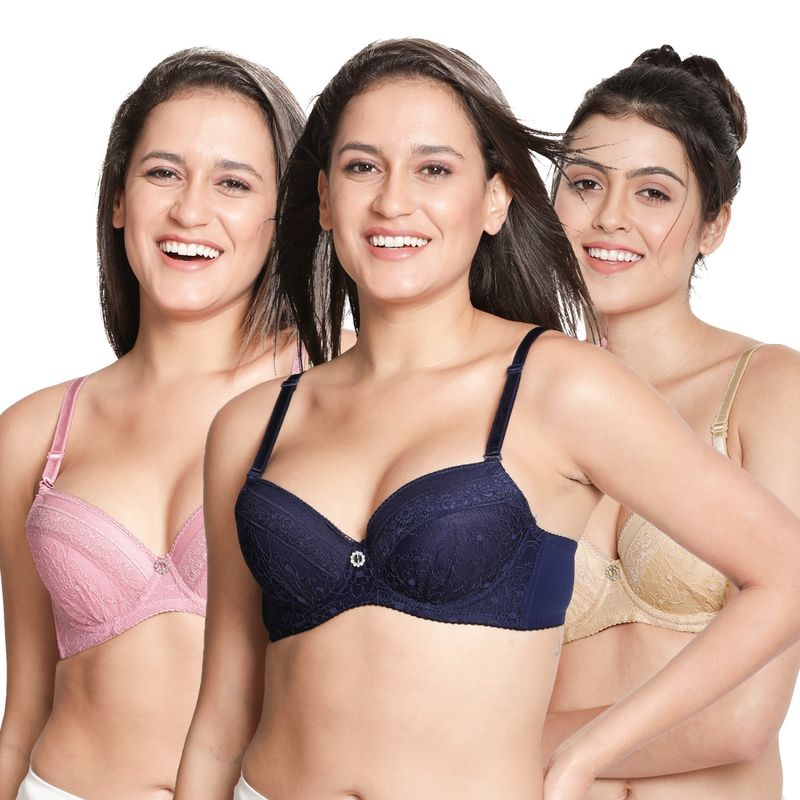 Buy Shyaway Susie Demi-Coverage wired Lace Bridal Balconette Padded Bra -Multicolor(Pack of 3 ...