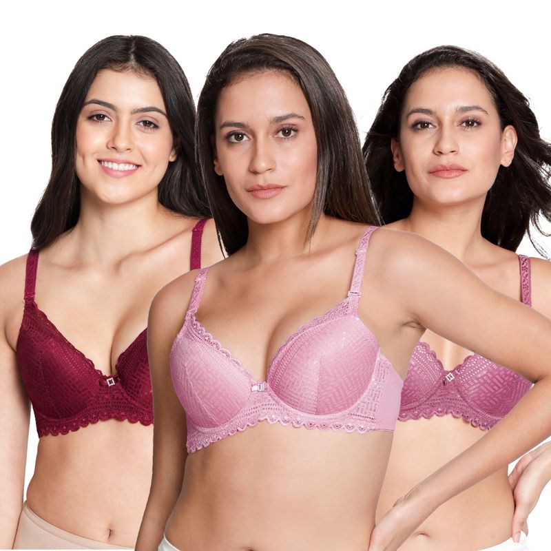 Buy Shyaway Susie 3/4th Coverage Underwired Full Lace Padded Bra- Multicolor(Pack of 3) Online