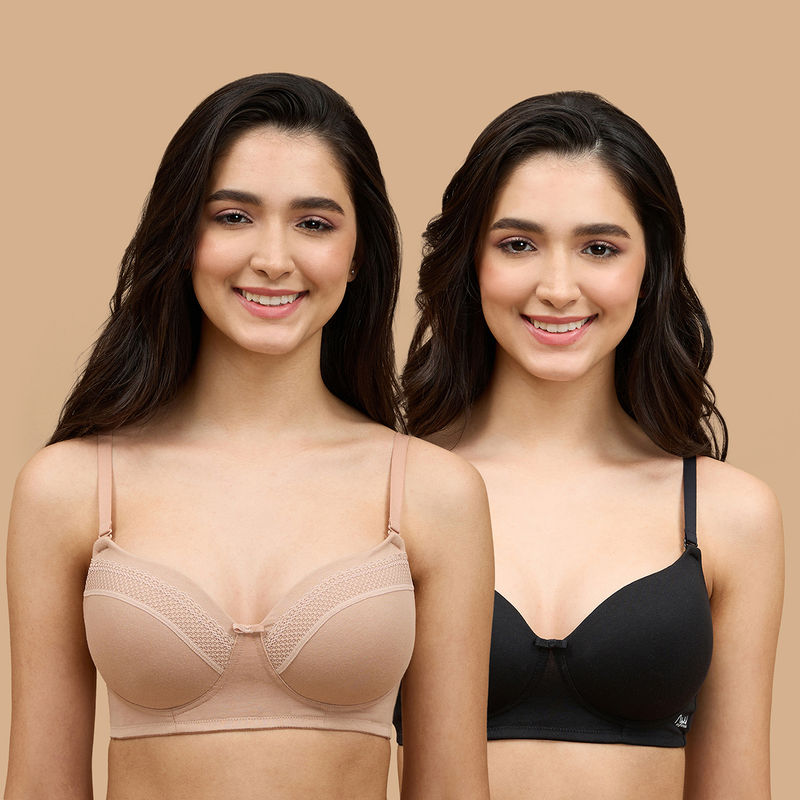 Buy Nykd by Nykaa Set Of 2 Lace Detail Breathe 3/4th Coverage T-shirt Bra-NYB358-Black and Dark ...