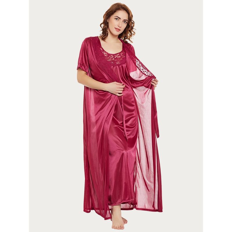 Buy Clovia Long Night Dress & Robe In Maroon Satin (Set of 2) Online