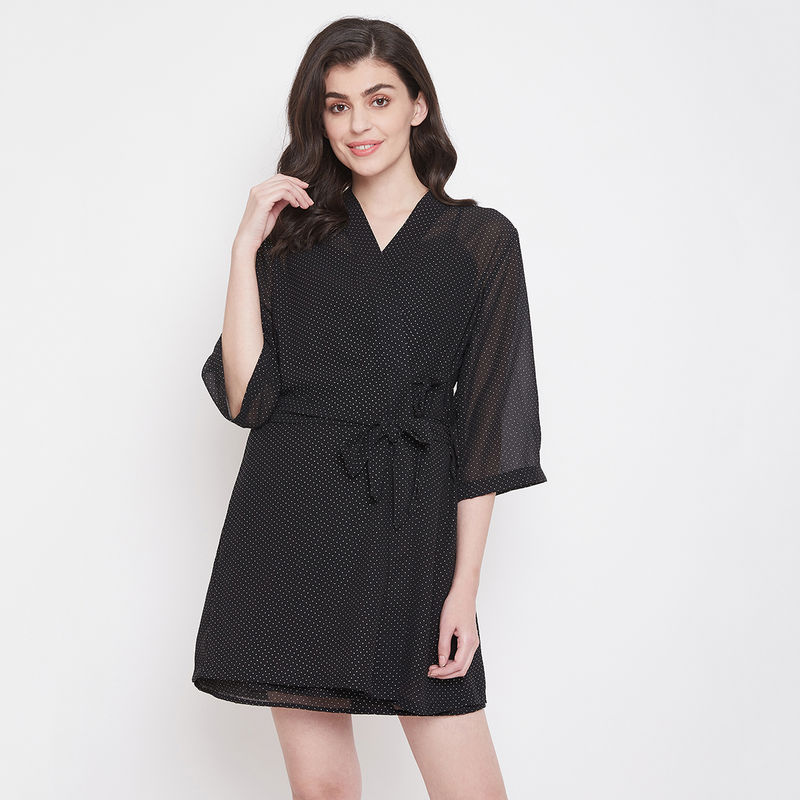 Buy Clovia Sheer Polka Print Robe with Bel in Black- Georgette Online