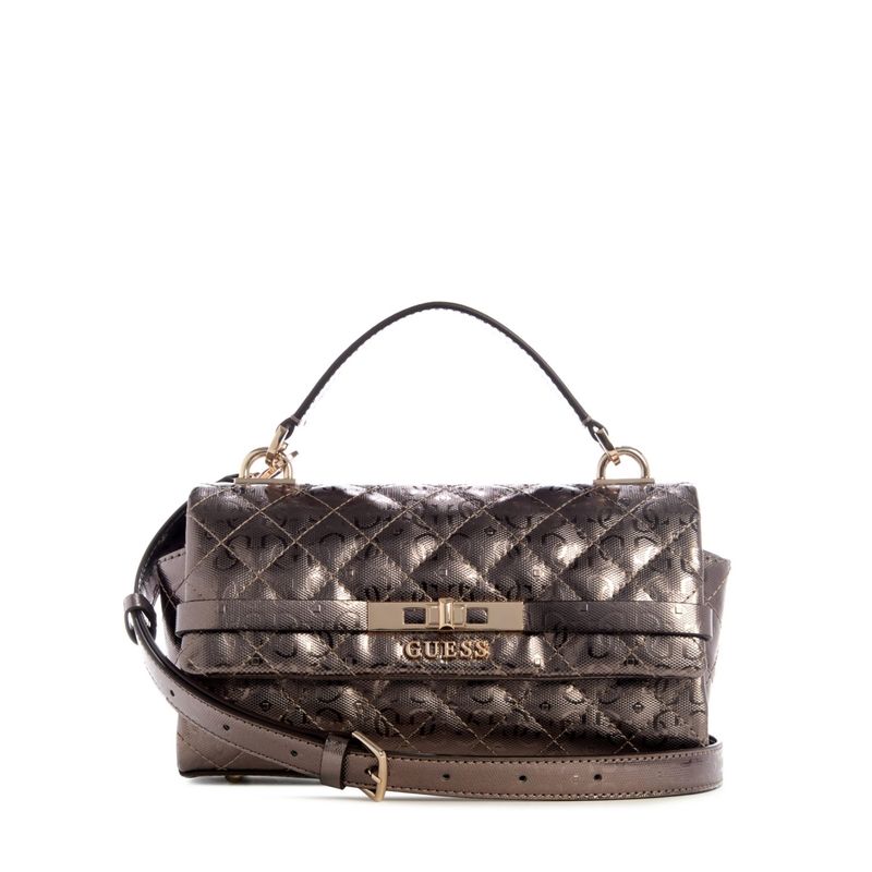 Buy Guess Pewter Quilted Idra Top Handle Flap Satchel Bag with ...