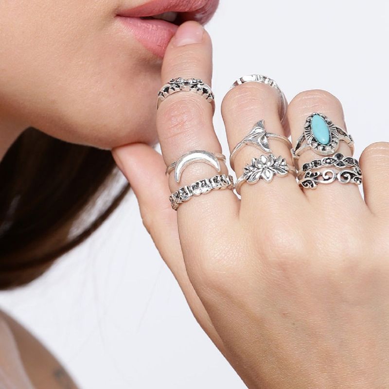 Buy Fabula Set Of 9 Antique Silver Bohemian Fashion Ring Set Online