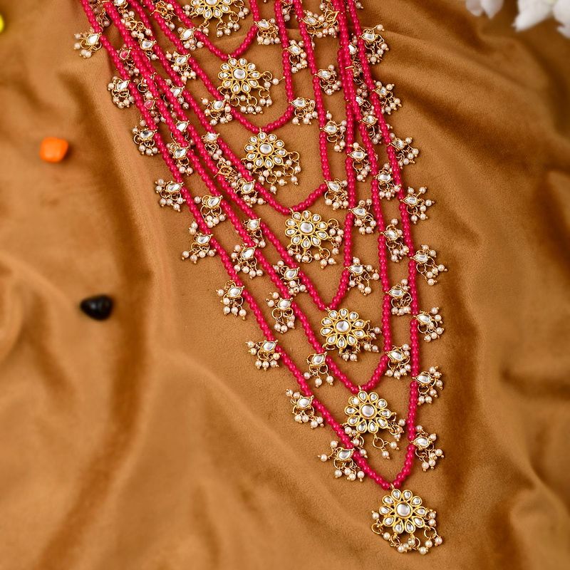 Buy Shoshaa Gold Tone Pink Layered Kundan and Pearls Satlada Long ...