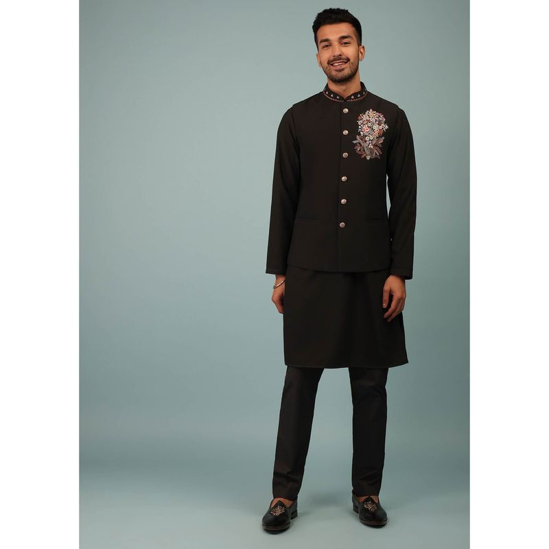 Buy KALKI FASHION Caviar Black Bandi Jacket & Kurta In Handloom (Set of ...