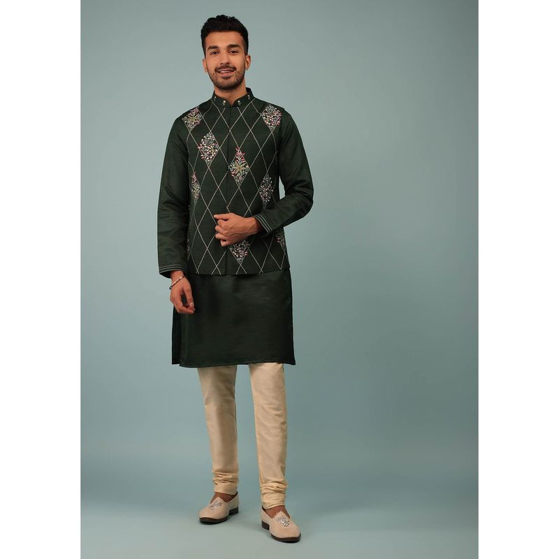 Buy KALKI FASHION Gables Green Bandi Jacket & Kurta In Raw Silk (Set of ...