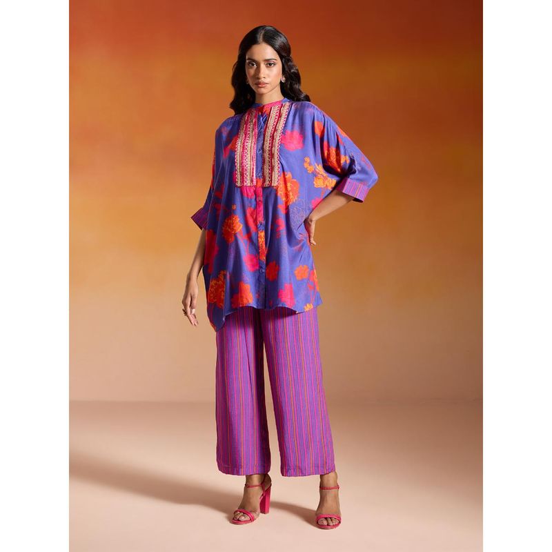 Buy Gajra Gang Navy Blue Floral Printed Embellished Kaftan and Pant ...