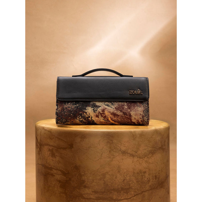 Buy Zouk Brown Printed Jute Clutch and Detachable Strap Online