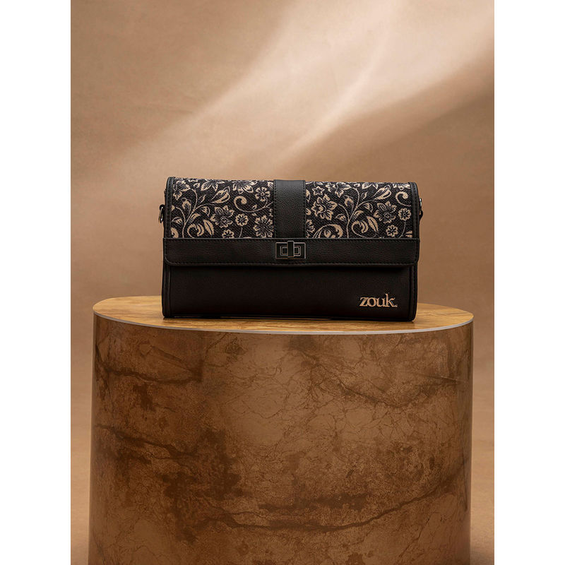 Buy Zouk Black Printed Jute Clutch and Detachable Strap Online