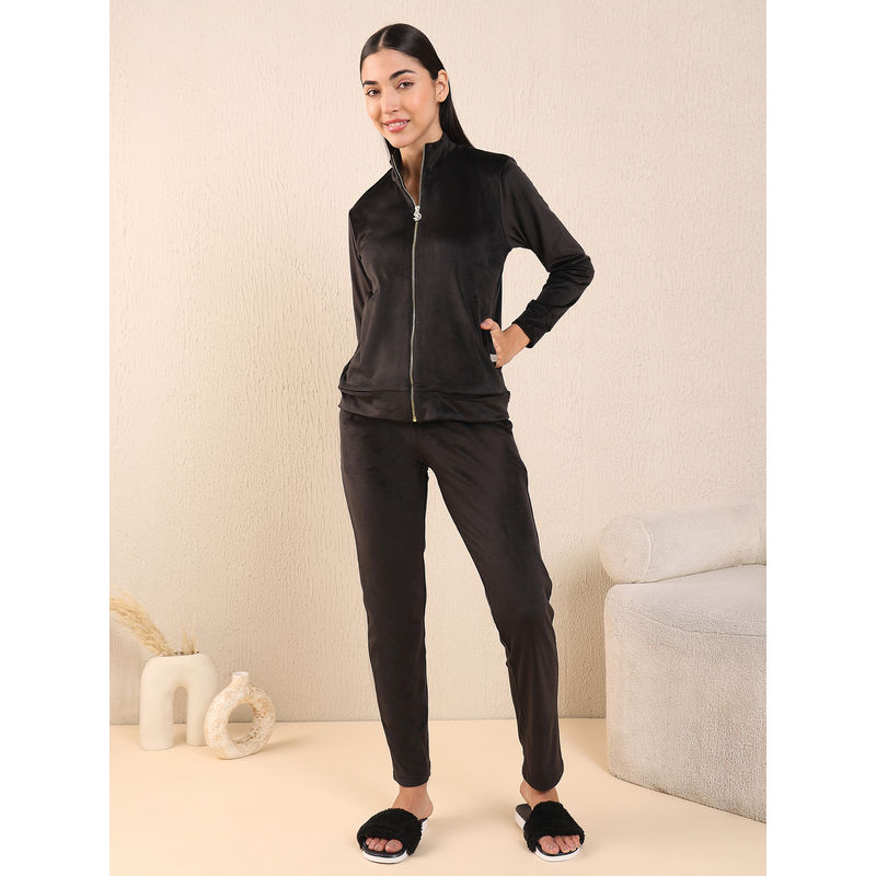 Buy Sweet Dreams Black Solid Velour Spandex Sweatshirt & Pyjama Online