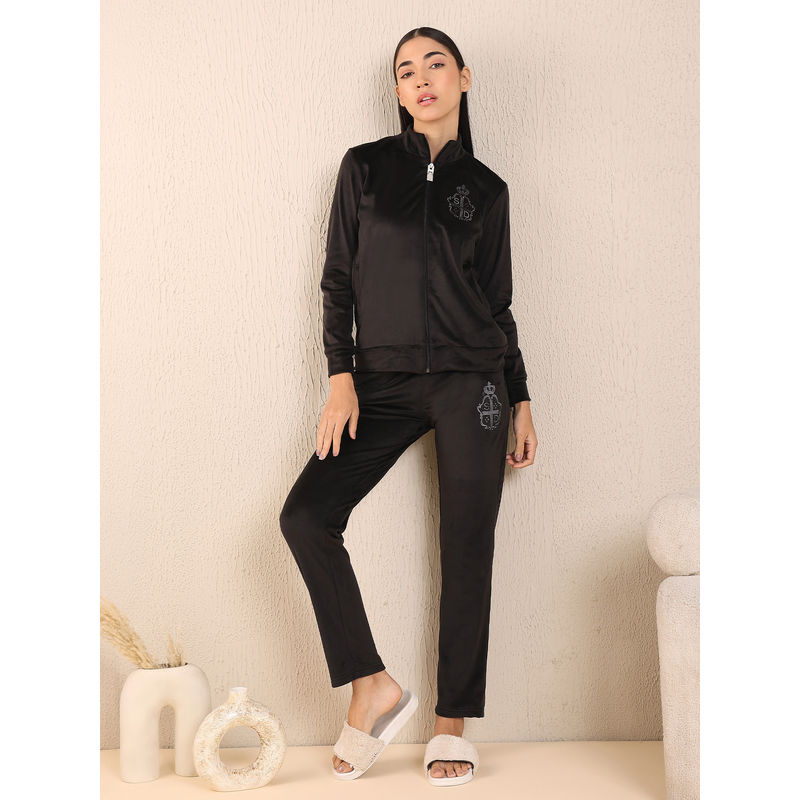Buy Sweet Dreams Black Solid Velour Spandex Sweatshirt & Pyjama Online
