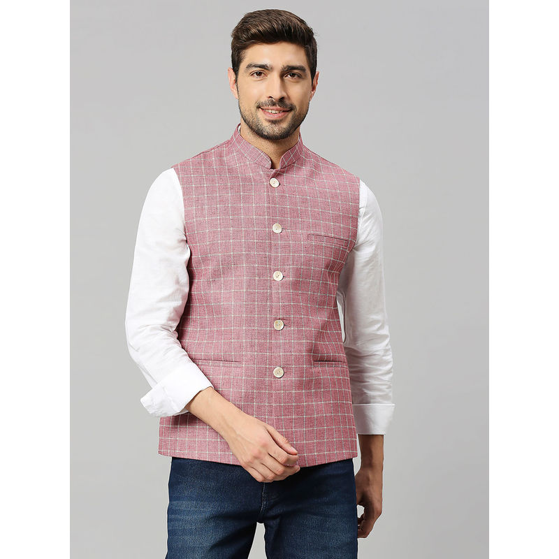 Buy ESSAS club Mountbatten Pink Linen Blend Chex Nehru Jacket For Men ...