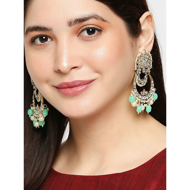 Buy OOMPH Mint Green Beads & Kundan Large Chandbali Earrings Online