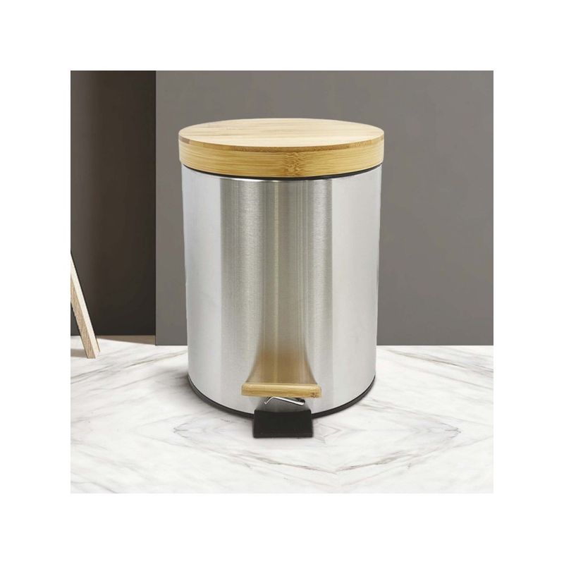 Buy OBSESSIONS Bamboo Lid Stainless Steel Step Dustbin with Liner, 5 ...