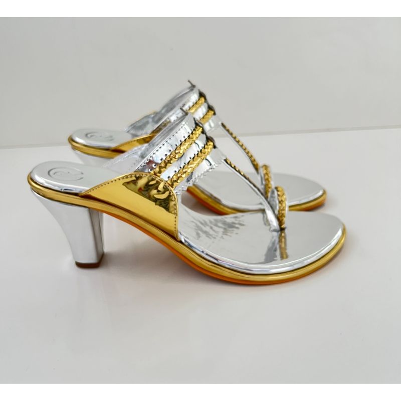 PREET KAUR Silver & Gold Two Tone Kolhapuri Block Heels: Buy PREET KAUR ...