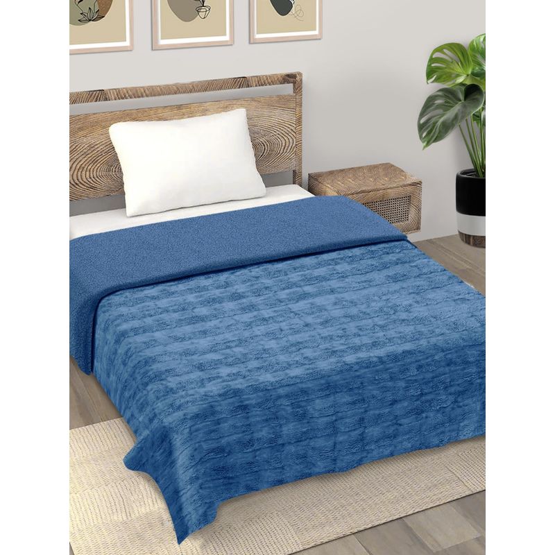 Buy FABINALIV Blue Striped Mild Winter 600 Gsm Woollen Bed Comforter ...