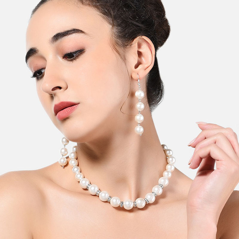 Zaveri Pearls Silver Tone Contemporary Pearls Necklace And Earring Set