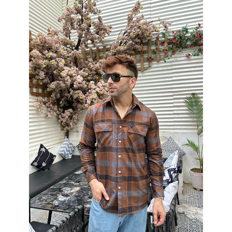 Buy GRITSTONES Men Brown Check Double Pocket Flannel Shirt Online