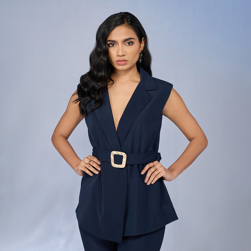 Buy RSVP by Nykaa Fashion Dark Blue Solid Gold Buckled Sleeveless ...