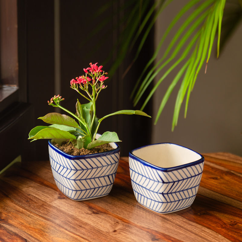 ExclusiveLane Indigo Chevron Duo' Ceramic Cuboidal Table Planter Pots ...