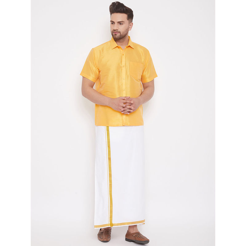 Buy Vastramay Mens Yellow and White Silk Blend Shirt And Mundu (Set of ...