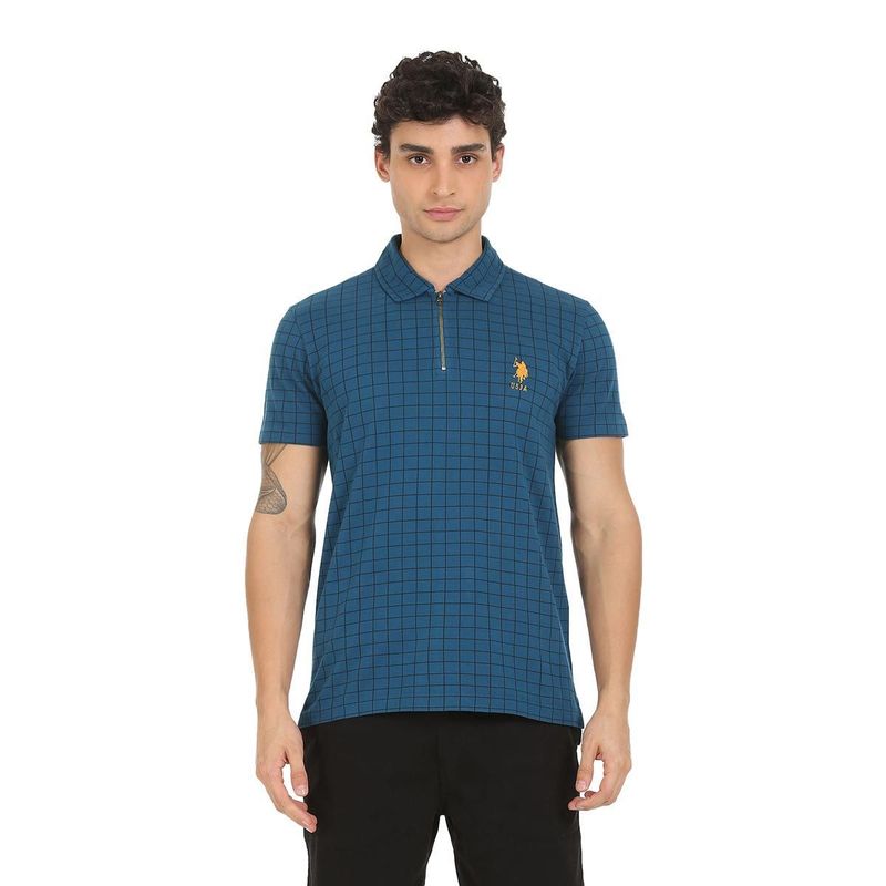 Buy U.S. POLO ASSN. Men Blue Zipper Placket Check Polo T-shirt Online