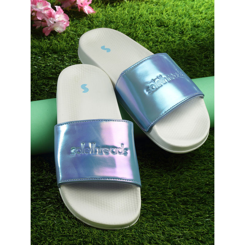 Buy SOLETHREADS Sheen White Self Design Women Slides Online