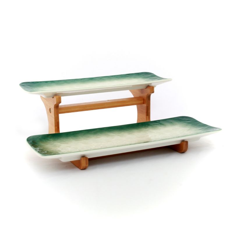 Buy EZ Life Momo Platter 2 Ceramic Platters on Wooden Stand Green ...