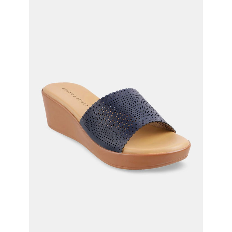 Buy Lemon & Pepper Blue Patterned Wedge Sliders Online