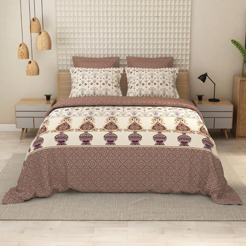 Buy LABHAM 152TC Pure Cotton Brown King Size Printed Flat Bedsheet with 2 Pillow Covers Online