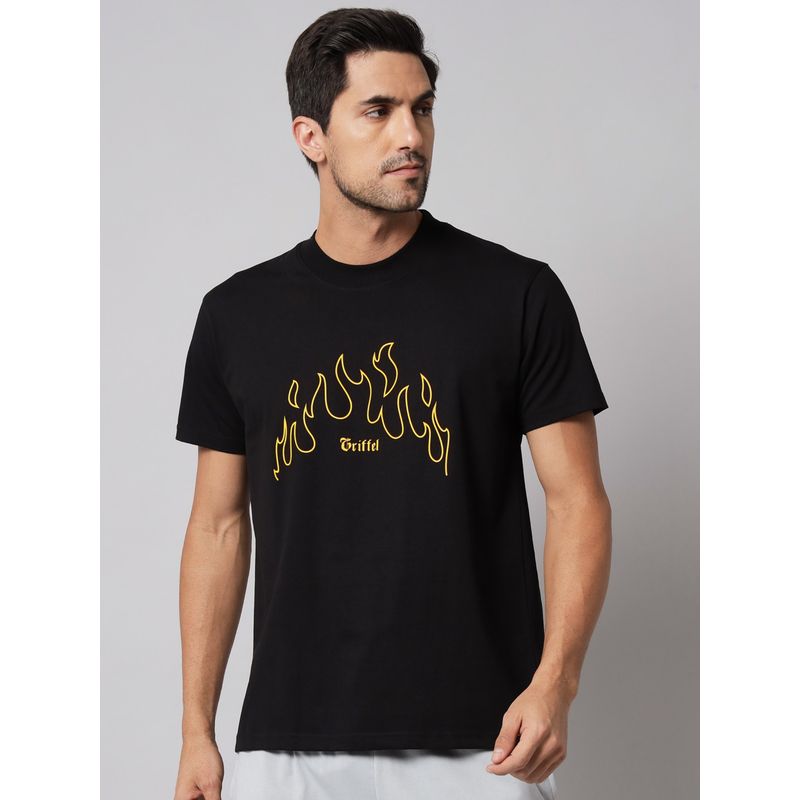 Buy Griffel Black Men Fire Print Black Oversized fit Black T-Shirt Online
