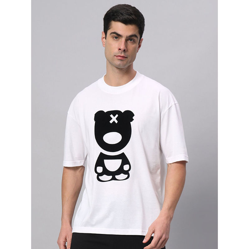 Buy Griffel White & Black PUFF TEDDY Drop Shoulder Oversized T-Shirt Online