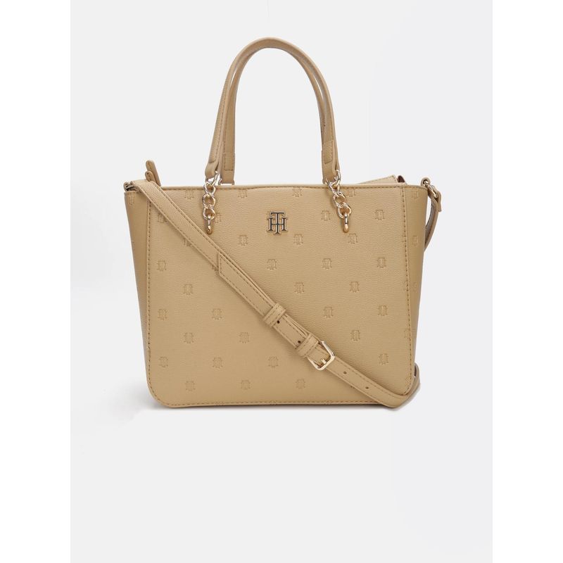 Buy Tommy Hilfiger Logo Beige Polyurethane Handbag with Detachable Stap ...