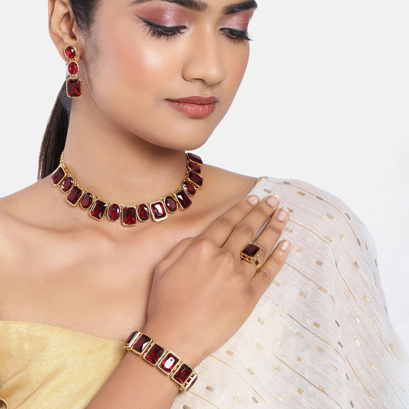Buy Peora Square Maroon Crystal Necklace with Drop Earrings Bracelet ...