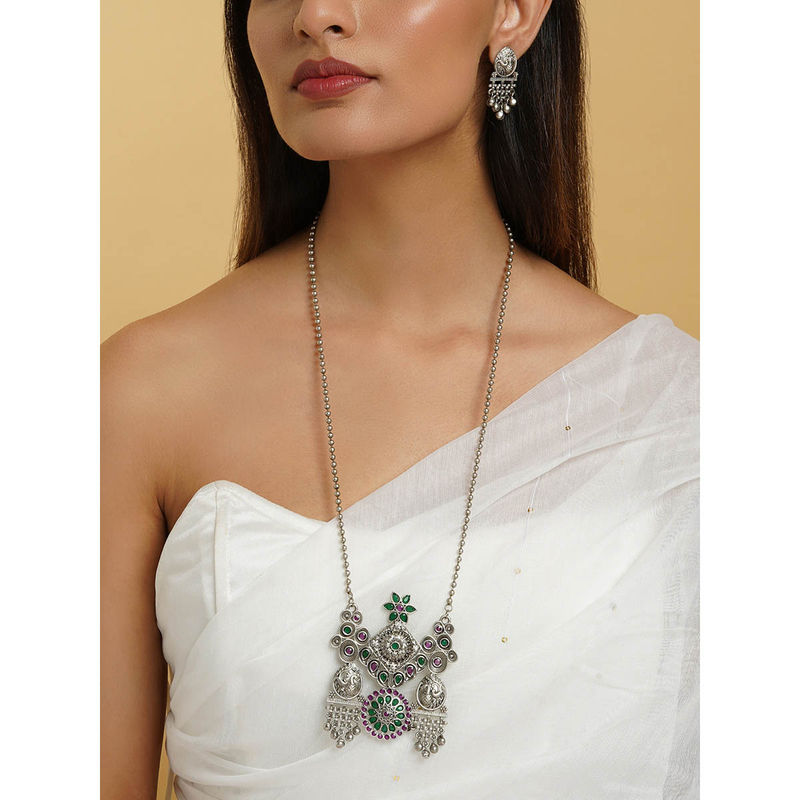 Buy Teejh Nanda Silver Oxidised Ruby Green Necklace Set Online