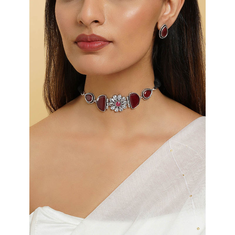 Buy Teejh Silver and Red Medow Necklace Set Online