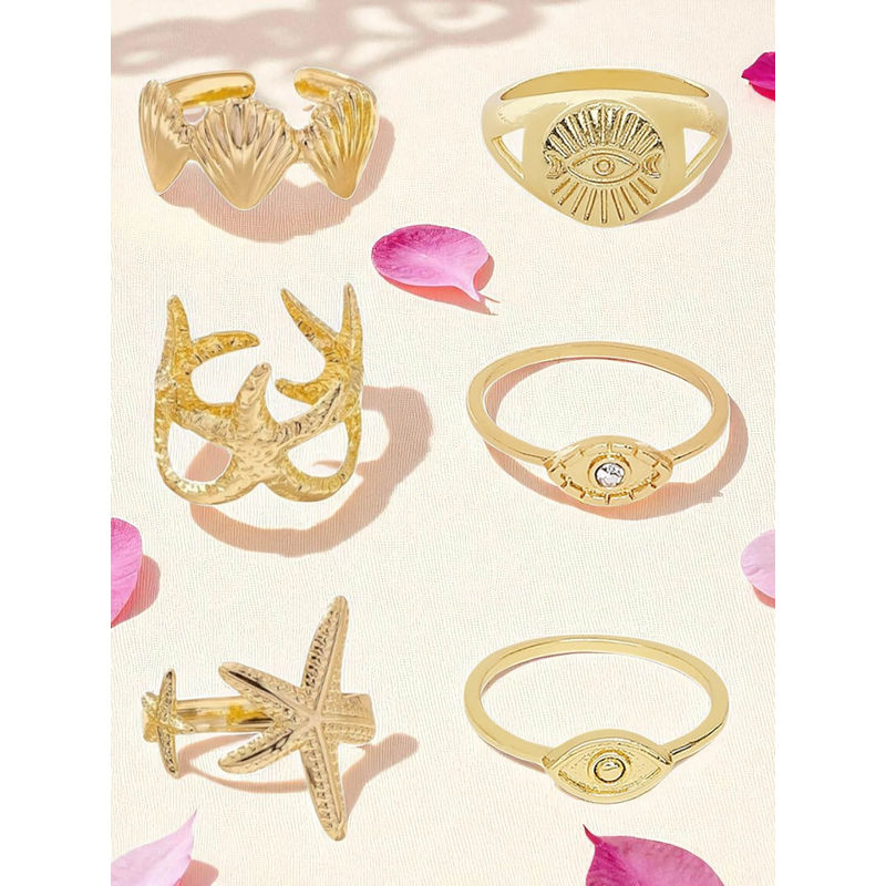 Buy OOMPH Combo of 6 Gold Tone Ring Set Starfish, Shell and Evil Eye ...