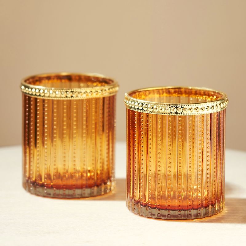 Buy Pure Home + Living Set of 2 Brown Ribbed Glass T-Light Holders Online