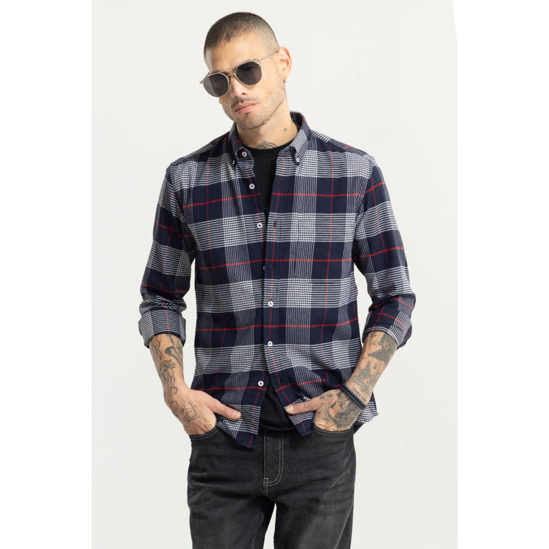 Buy Snitch Men Bold Block Line Dark Navy Blue Checks Shirt Online