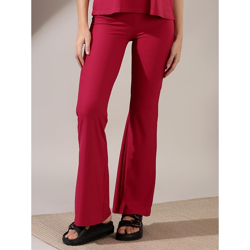 Buy Fitkin Luxe Women Maroon Ribbed Bootcut Track Pant Online