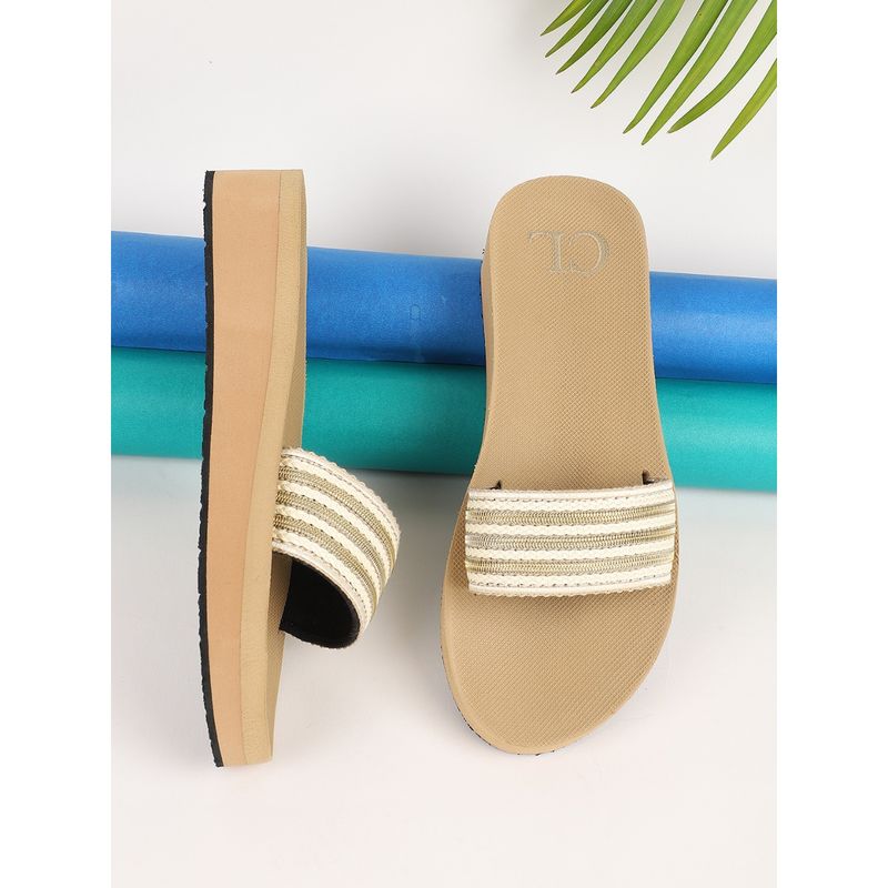 Buy Carlton London Beige Women Stripes Sliders Online