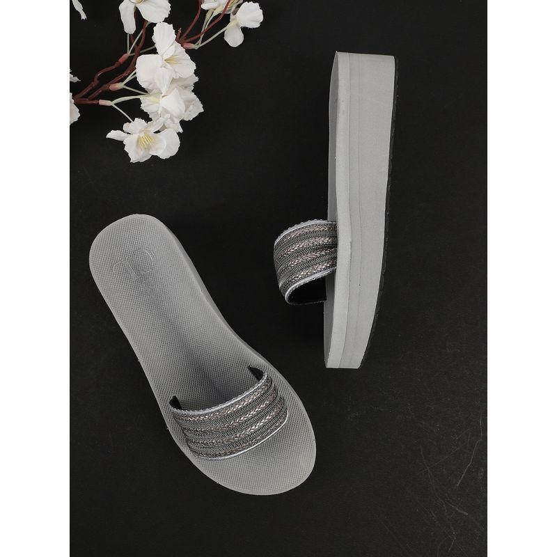 Buy Carlton London Grey Women Stripes Sliders Online