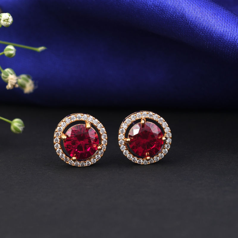Buy Designbox Gold Tone Stud Earrings with Red Stone Online