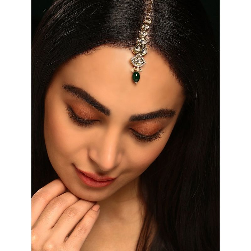 Buy Priyaasi Green Bead Geometric Design Gold Plated Maang Tikka Online