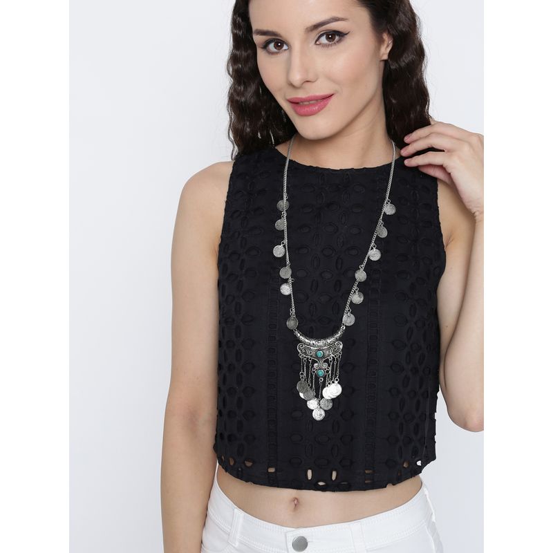 Buy Infuzze Oxidised Silver-Toned Textured Opera Necklace Metal ...