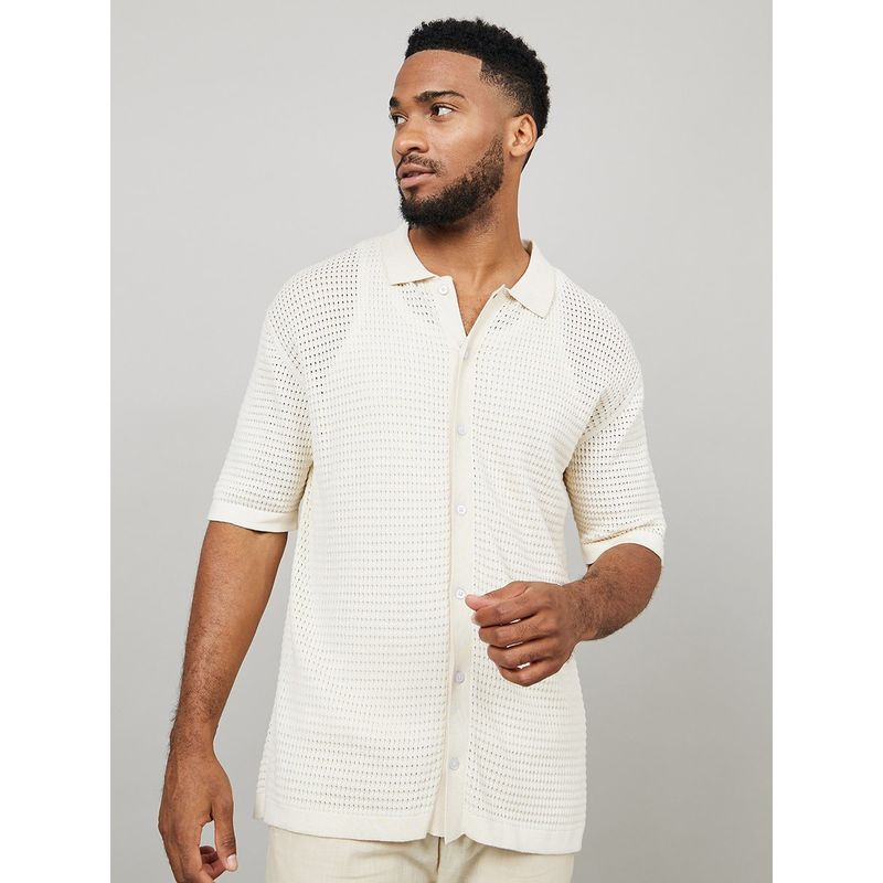 Buy Styli Beige Premium Pointelle Mesh Knitted Shirt Online