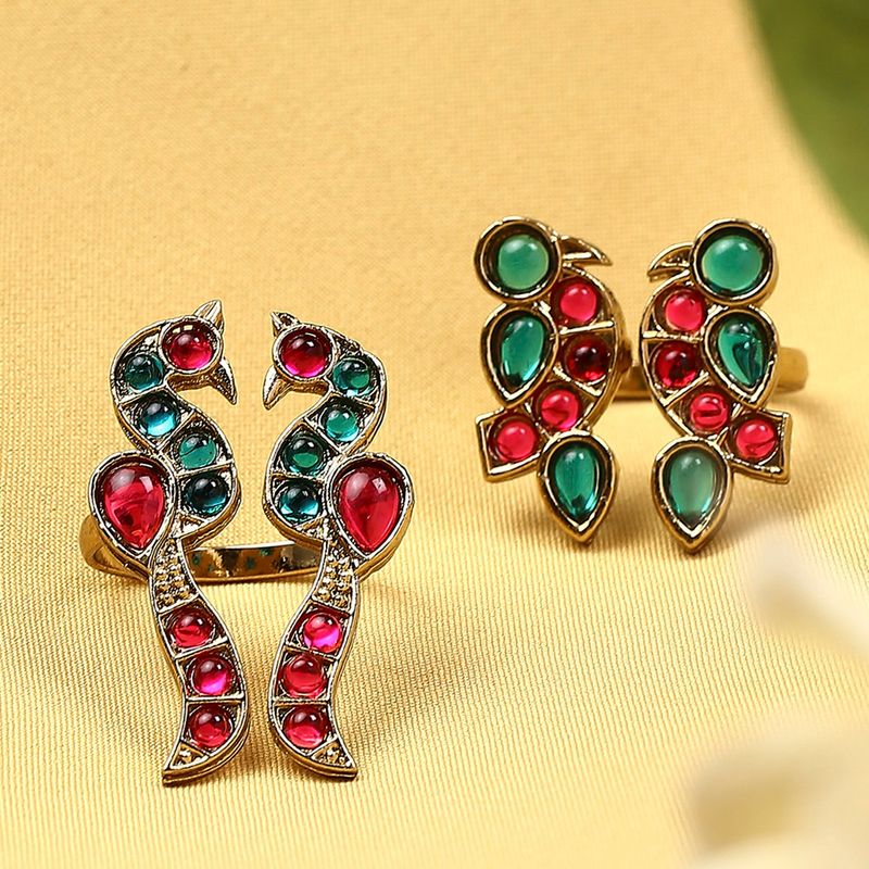 Buy OOMPH Bird Design Moti Manik Theme Maroon & Green Jadau Rings (Pack ...