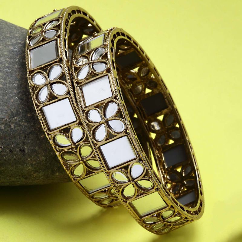 Buy Karatcart (Set Of 2) Antique Gold Plated Floral Kundan Mirror Work ...