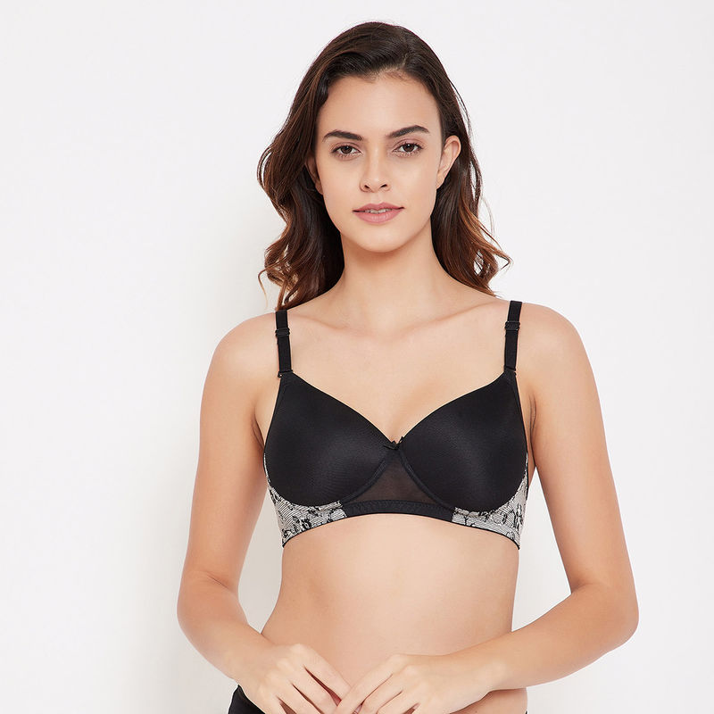 Buy Clovia Polyamide Printed Padded Full Cup Wire Free T-shirt Bra - Black Online